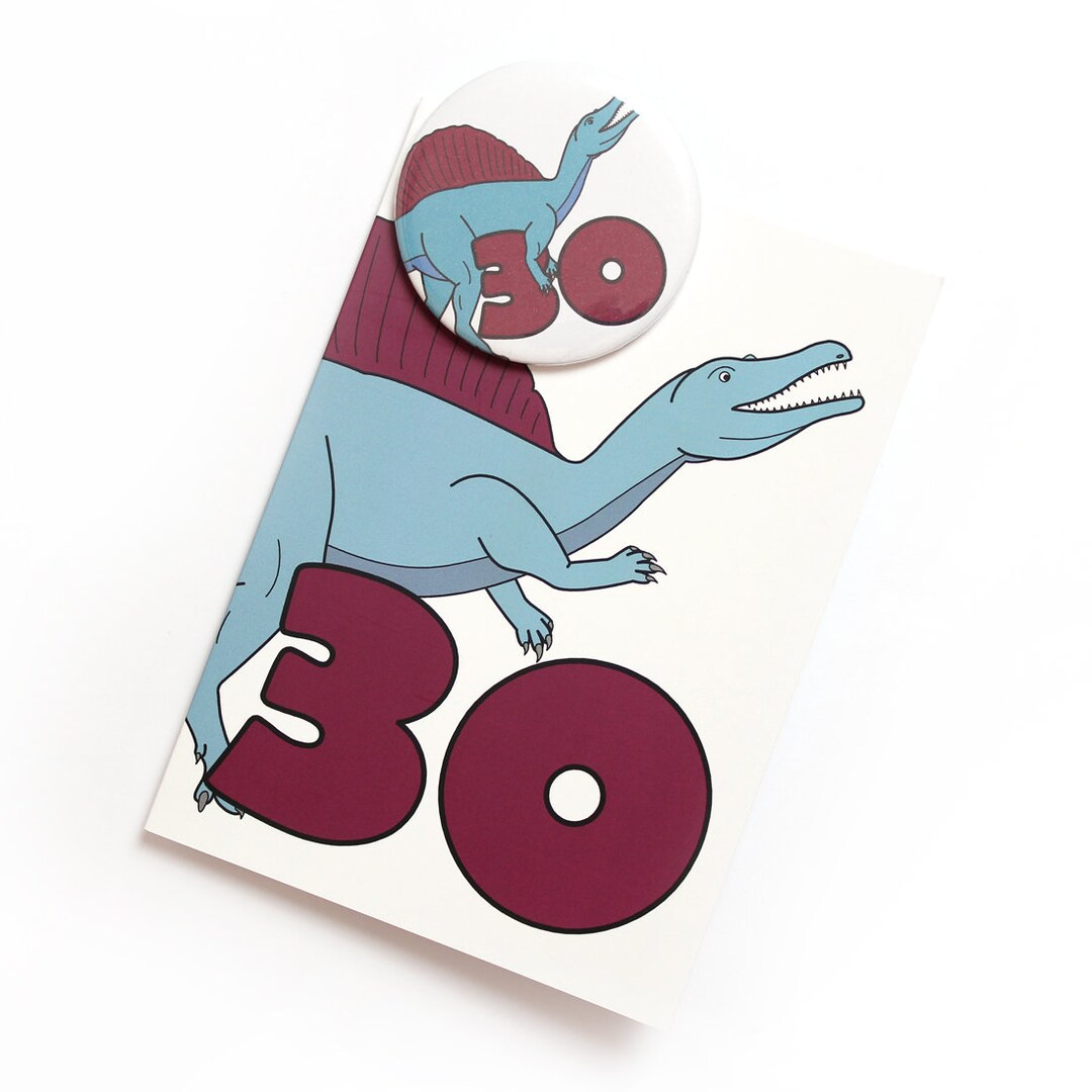 Number 30 Card and Badge Set, Dinosaur Birthday Badge, Birthday Card ...
