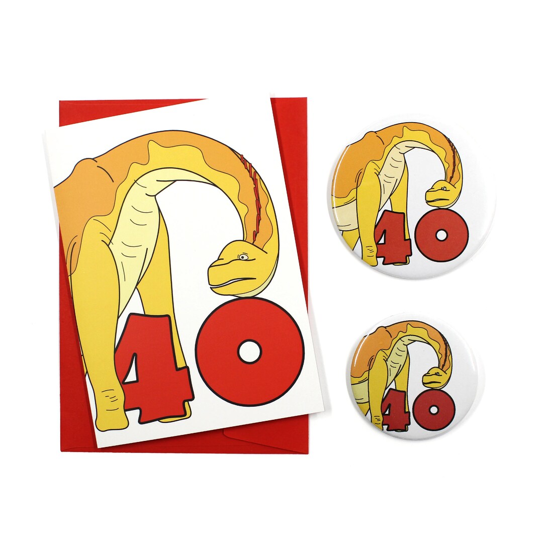 Number 40 Card and Badge Set, Dinosaur Birthday Badge, Birthday Card ...