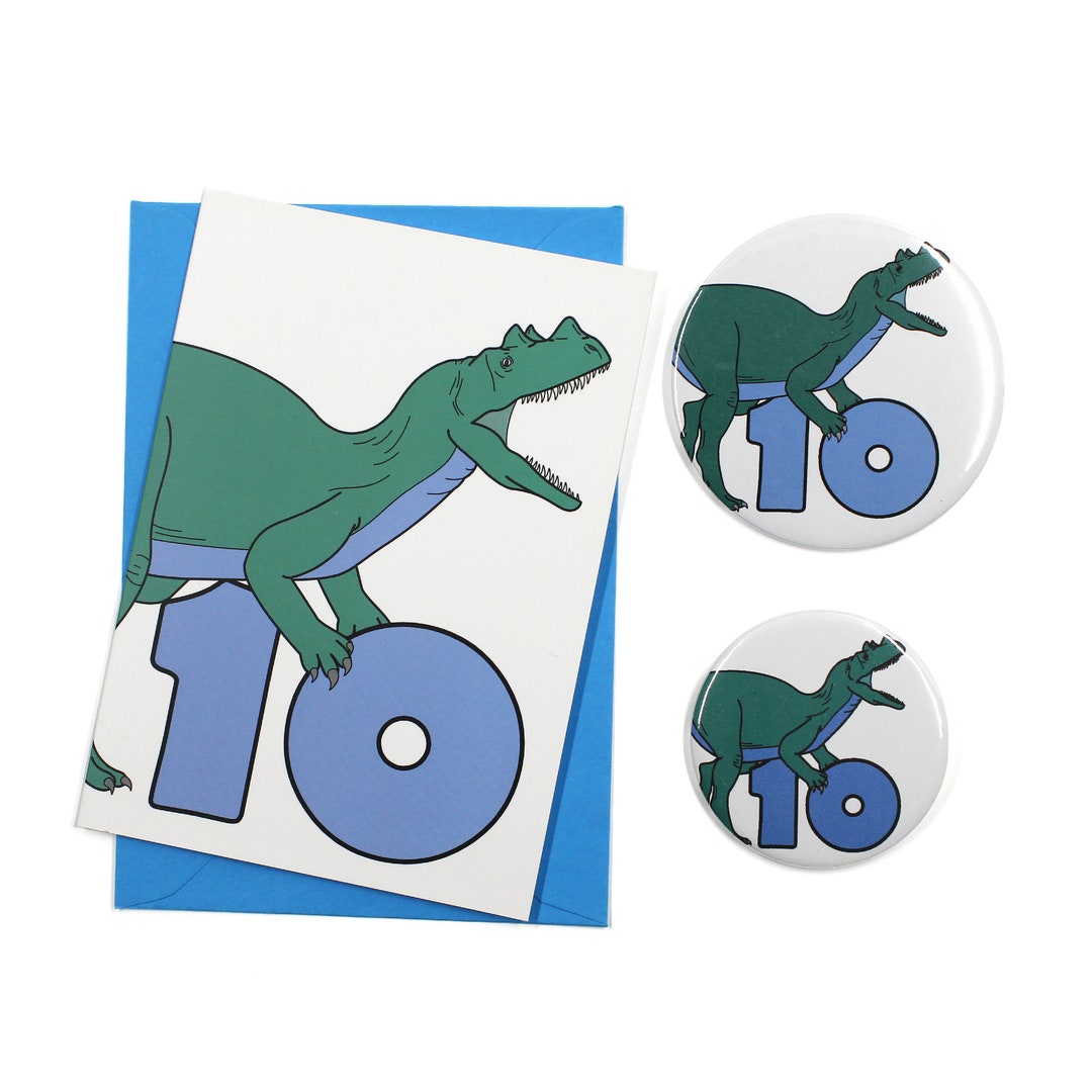 Number 10 Card and Badge Set, Dinosaur Birthday Badge, Badges for Kids ...