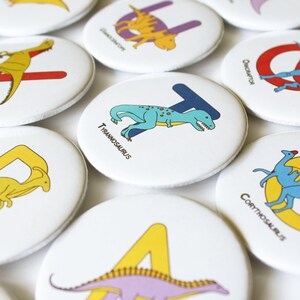 Alphabet Badges, Dinosaur Badge, Illustrated Badges, Kids Badge, Button ...