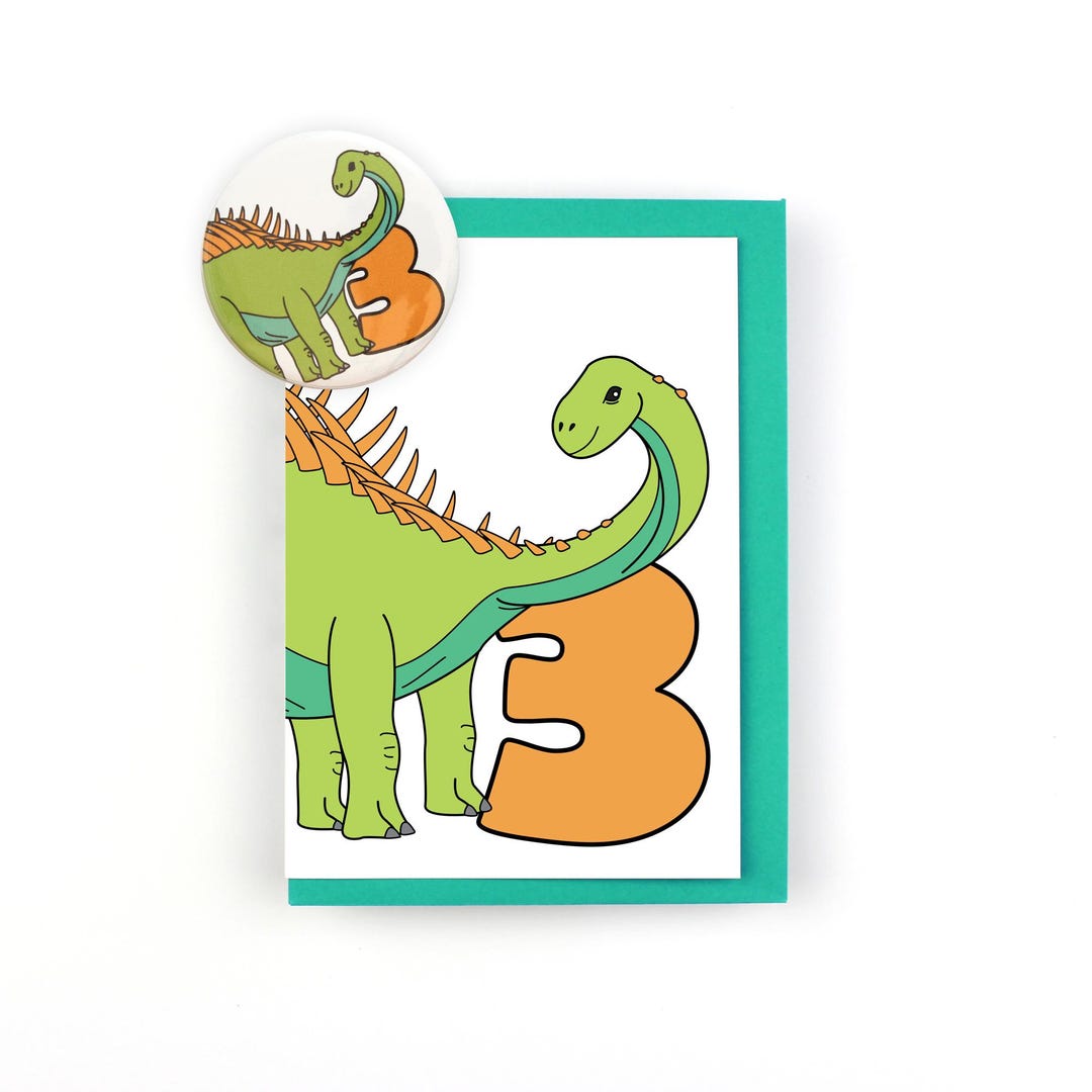 Number 3 Card and Badge Set, Dinosaur Birthday Badge, Birthday Card ...