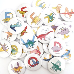 Alphabet Badges, Dinosaur Badge, Illustrated Badges, Kids Badge, Button ...
