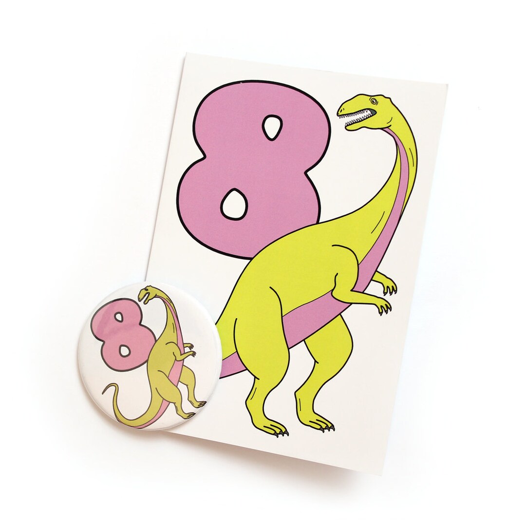 Number 8 Card and Badge Set, Dinosaur Birthday Badge, Birthday Card ...