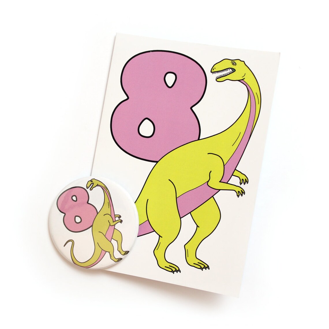 Number 8 Card and Badge Set, Dinosaur Birthday Badge, Birthday Card ...