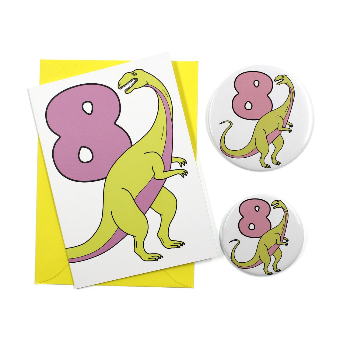 Number 8 Card and Badge Set, Dinosaur Birthday Badge, Birthday Card ...