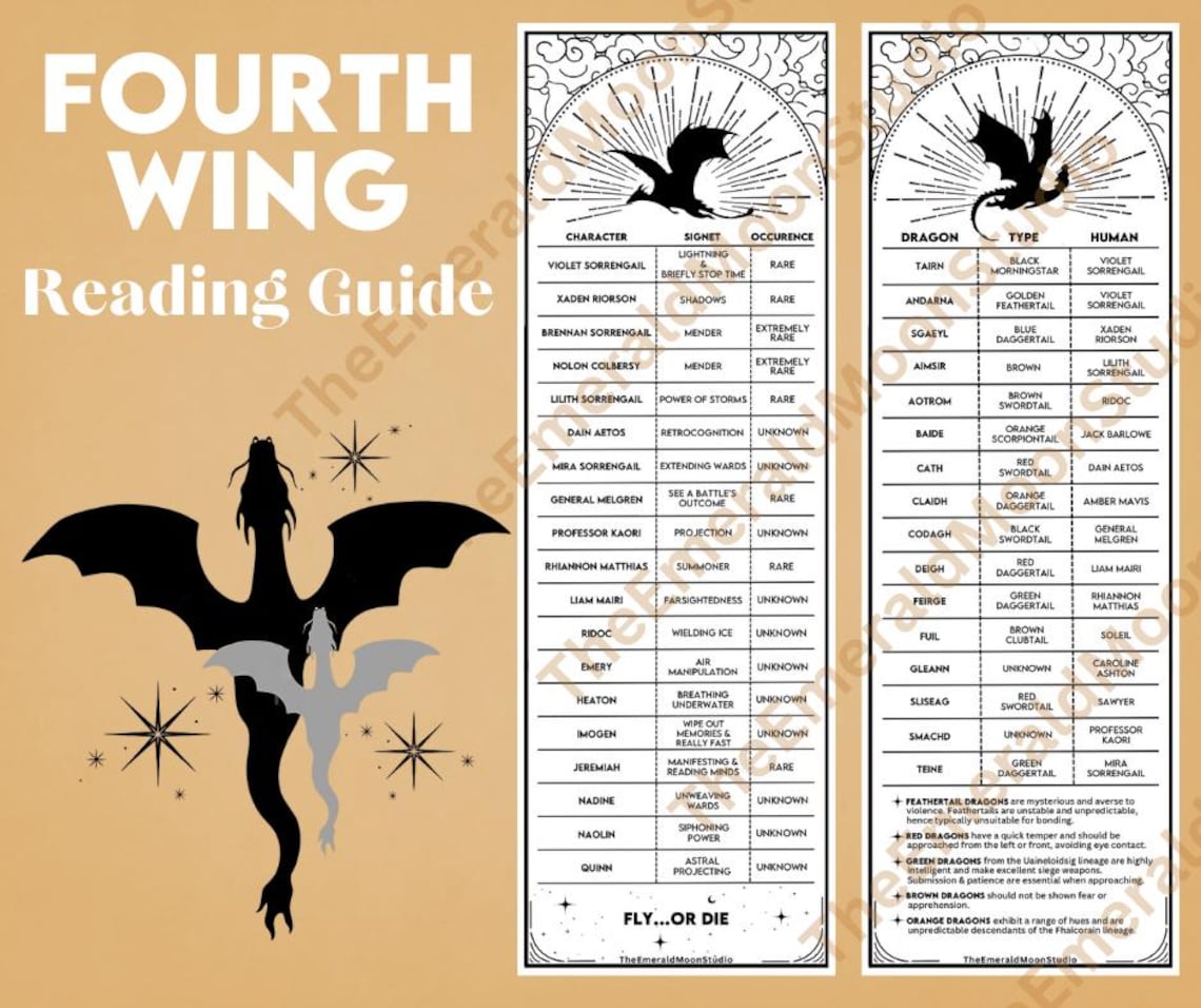 Fourth Wing Reading Guide Bookmark | Signets + Dragons + Riders | Cheat ...