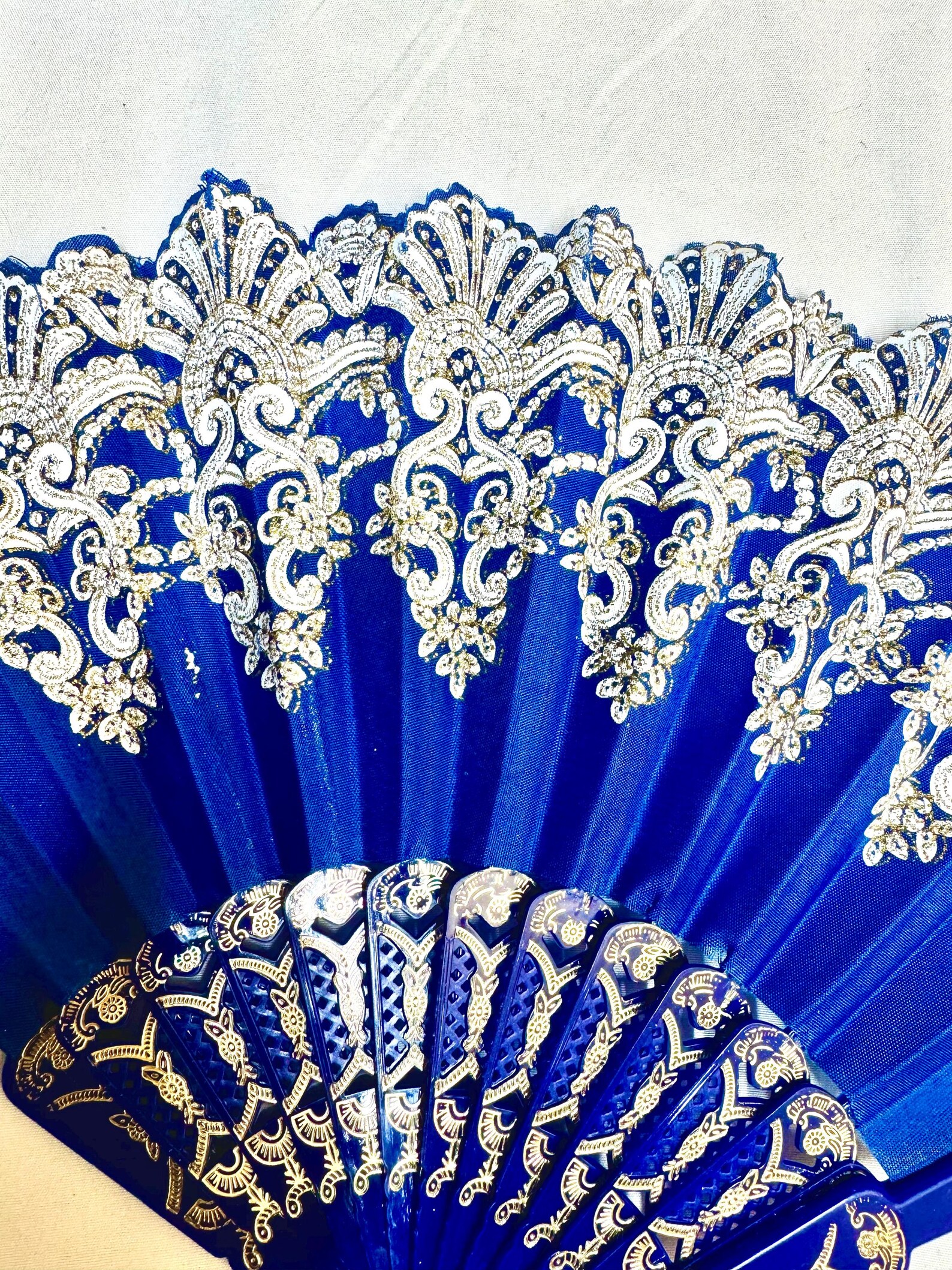 Spanish Blue , White & Gold Floral Folding Fan Dancer Prop Bellydancer ...