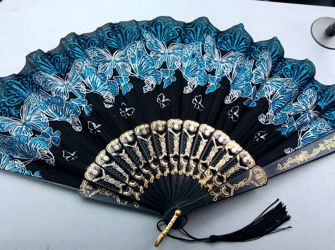 Butterflies Black & Blue Hand Held Fan Butterfly Lover - Etsy