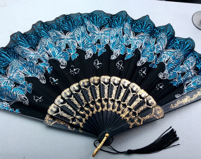Butterflies Black & Blue Hand Held Fan Butterfly Lover Gift - Etsy