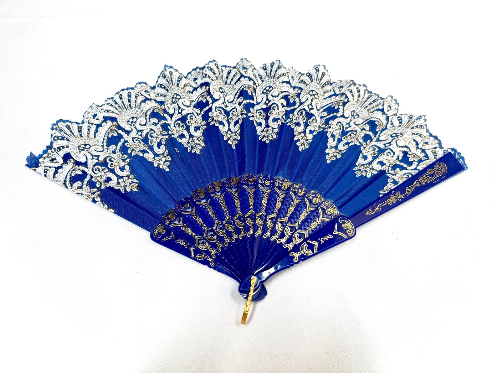 Spanish Blue , White & Gold Floral Folding Fan Dancer Prop Bellydancer ...