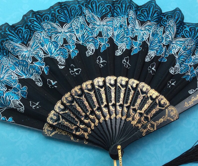 Butterflies Black & Blue Hand Held Fan Butterfly Lover - Etsy