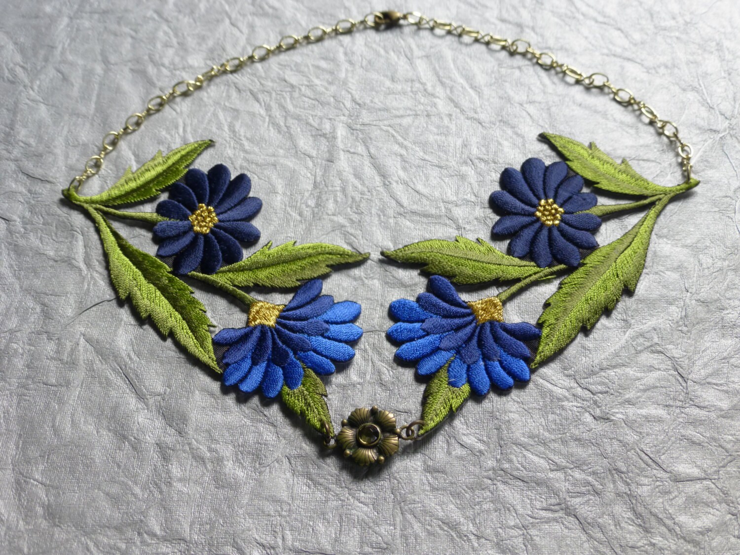 Vibrant Blue Flower & Leaves Necklace Chain Choker Navy | Etsy