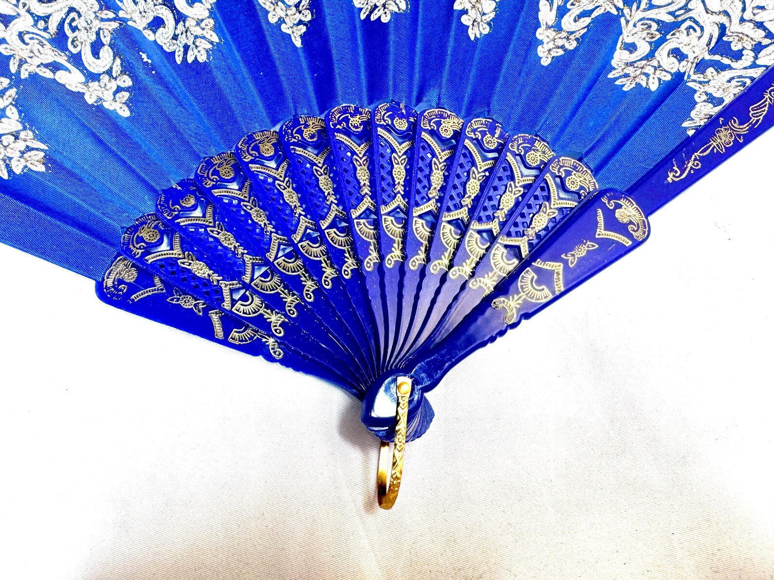 Spanish Blue , White & Gold Floral Folding Fan Dancer Prop Bellydancer ...