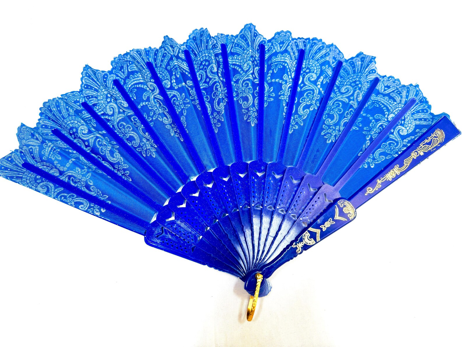 Spanish Blue , White & Gold Floral Folding Fan Dancer Prop Bellydancer ...