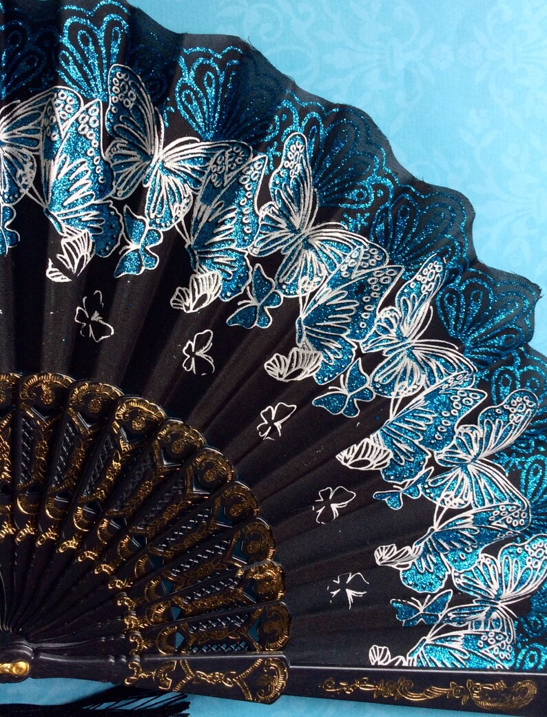 Butterflies Black & Blue Hand Held Fan Butterfly Lover - Etsy