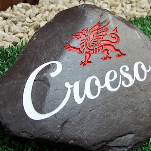 Welsh Stone - "croeso and Welsh Dragon" - - Etsy