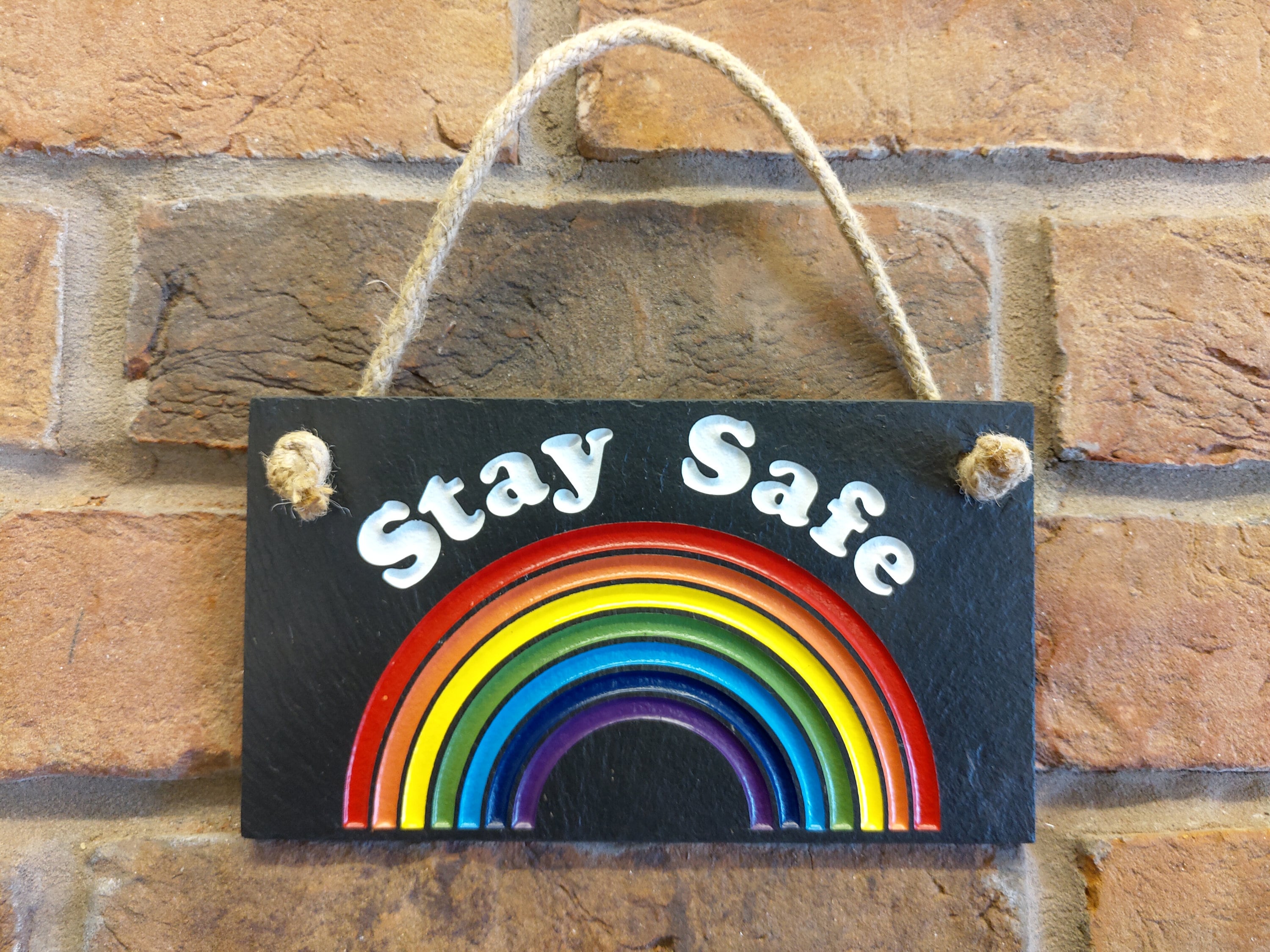 Rainbow Hanging Sign - Stay Safe (top) 10% Goes to Charity - Etsy UK
