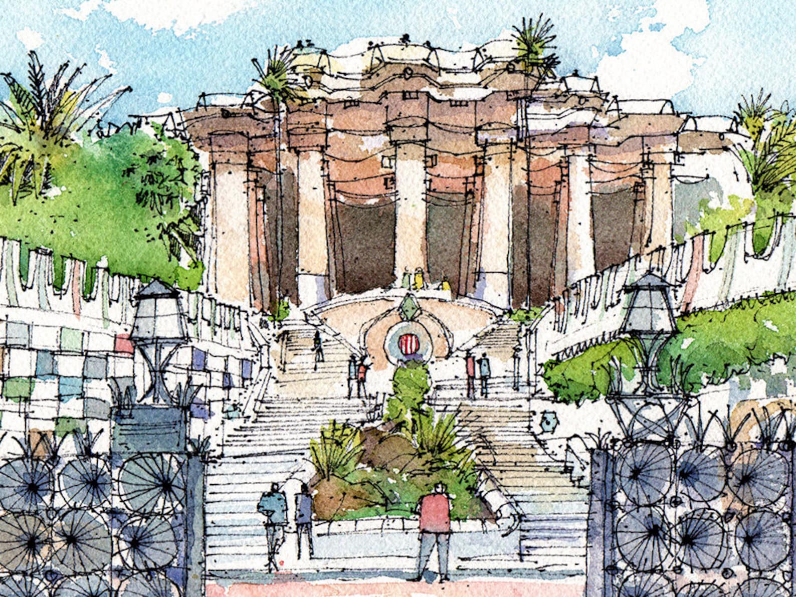Park Güell Porta Illustration, Gaudí watercolor, Park Güell painting ...