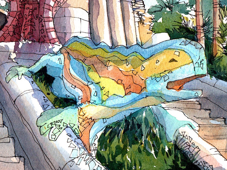 Park Güell Drac Illustration, Gaudí Watercolor, Park Guell Painting ...