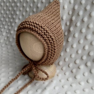 RTS Newborn Hand Knit Bonnet in Mocha/ Unique and Cute Hat for Baby/ Pixie Hat/ Photo Prop - Etsy