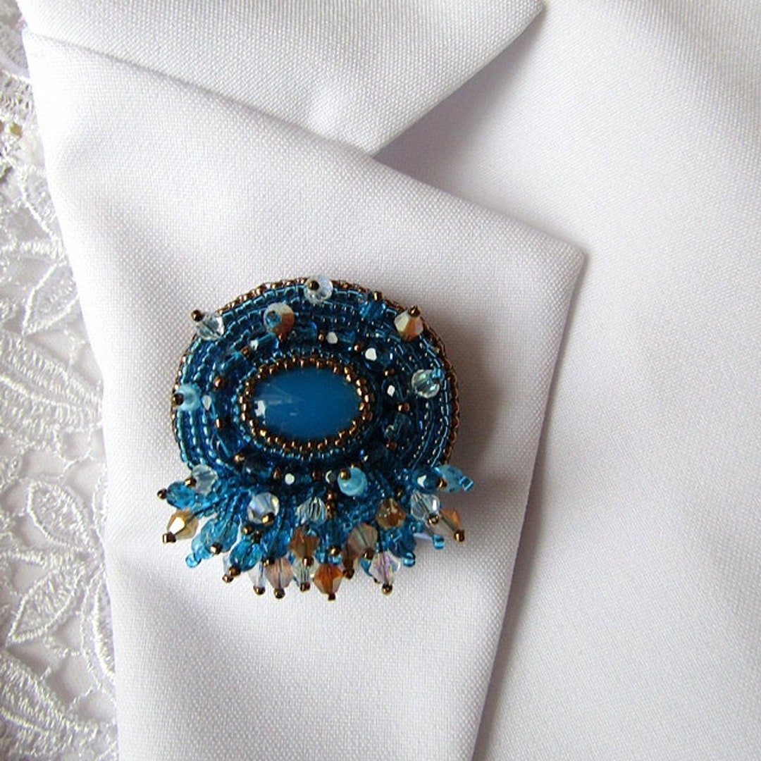 Agate Brooch Blue Bead Embroidered Brooch Gemstone Brooch Oval Onyx ...