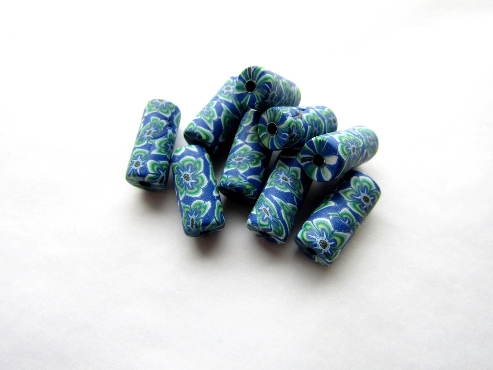 Blue Flower Fimo Beads Polymer Clay Beads Fimo Beads 16x7 Mm Tube ...