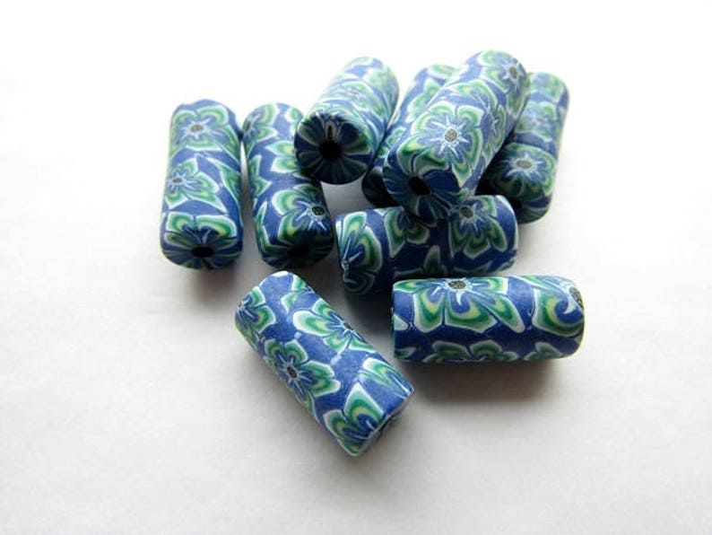 Blue Flower Fimo Beads Polymer Clay Beads Fimo Beads 16x7 Mm Tube ...