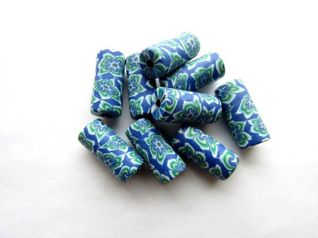Blue Flower Fimo Beads Polymer Clay Beads Fimo Beads 16x7 Mm Tube ...