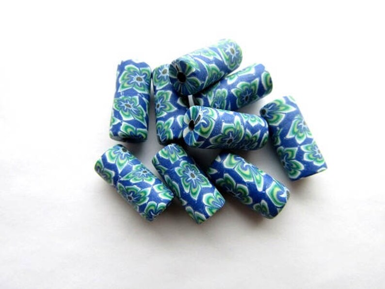 Blue Flower Fimo Beads Polymer Clay Beads Fimo Beads 16x7 Mm Tube ...