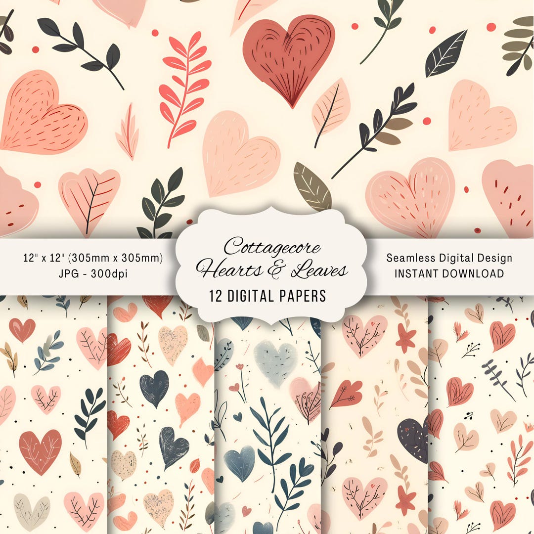 Cottagecore Hearts and Leaves Digital Paper Pack - 12 Seamless Vintage ...