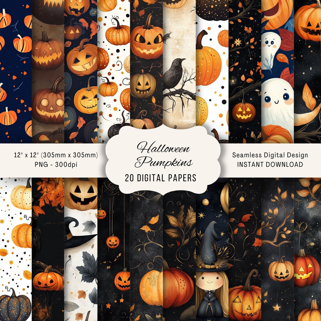 Halloween Pumpkin Digital Paper Pack - 20 Seamless PNG Patterns for ...