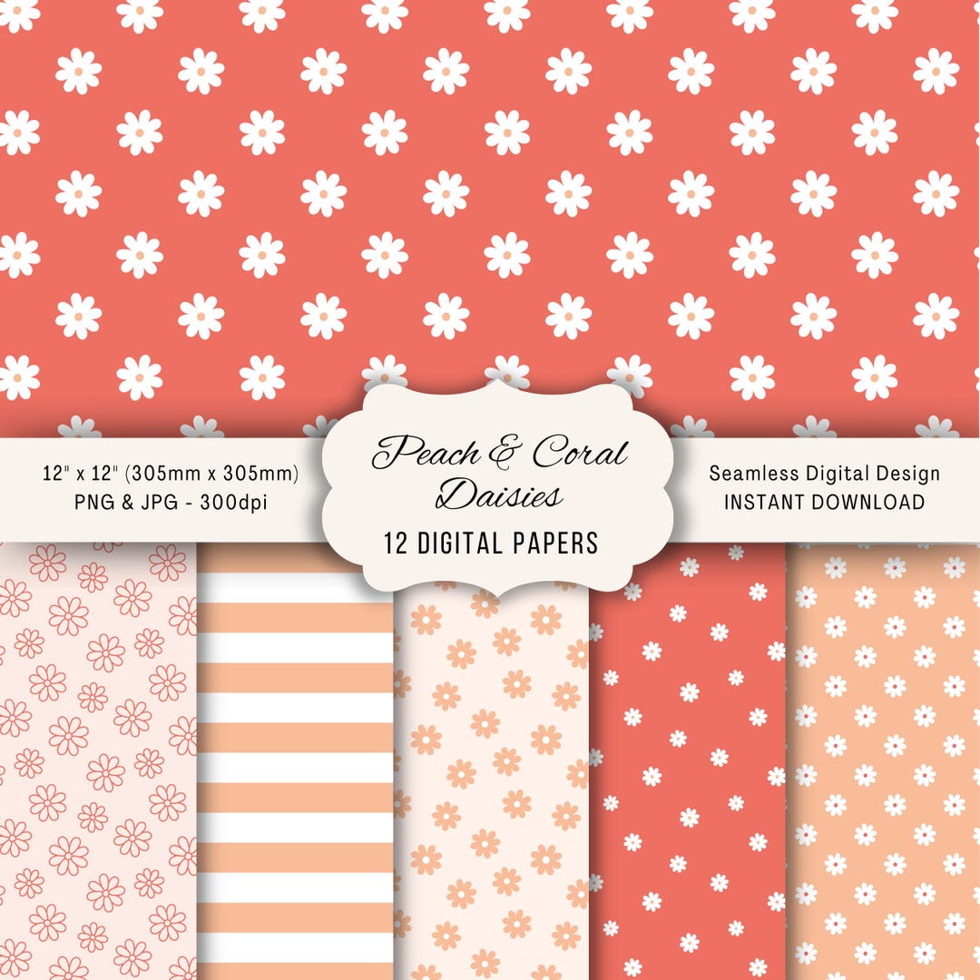 Peach & Coral Daisies Digital Paper Collection | 12 Seamless Floral ...
