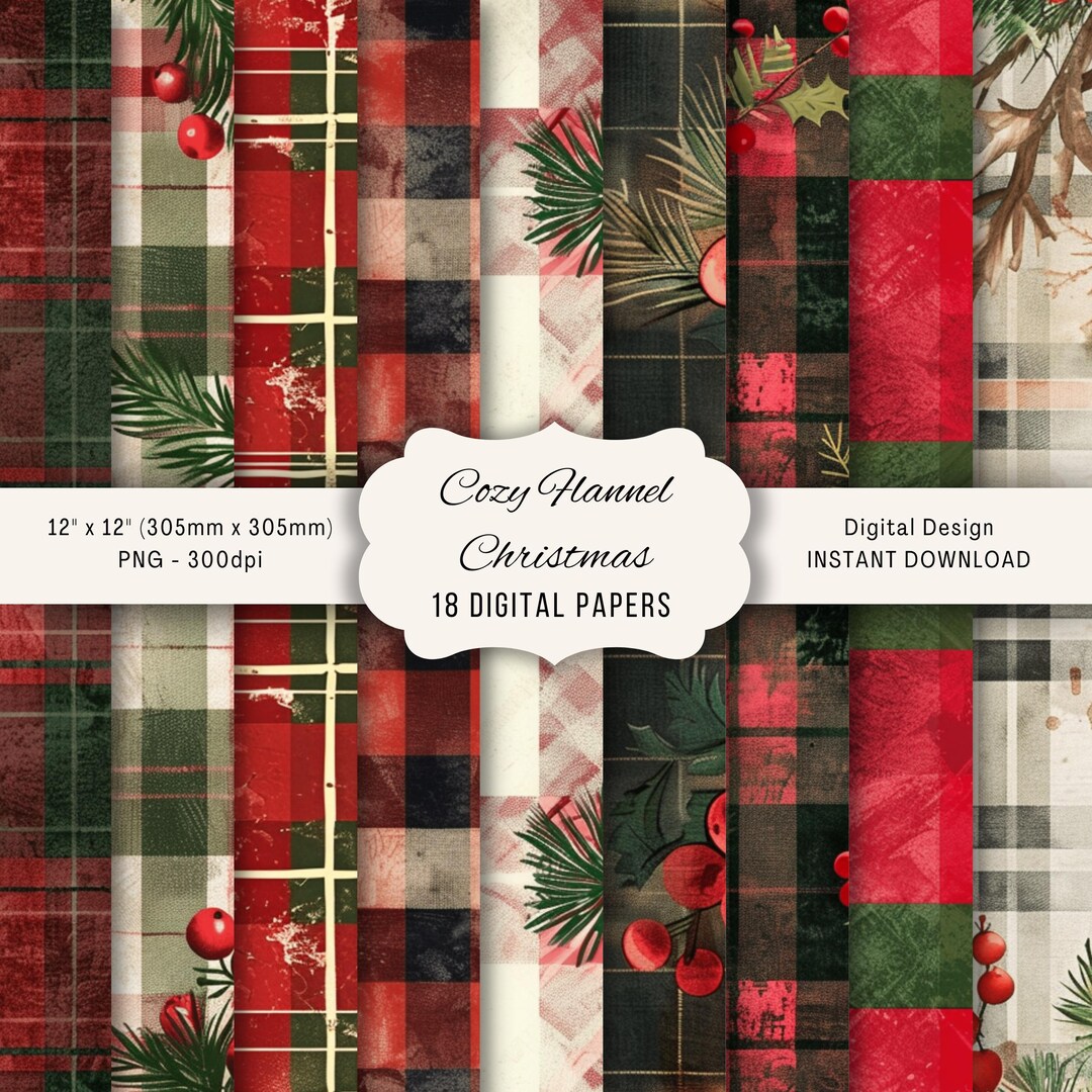 Cozy Flannel Christmas Digital Paper Buffalo Plaid Holiday Patterns ...