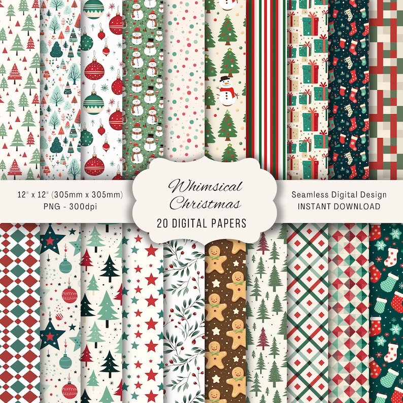 20 Whimsical Christmas Digital Paper Pack | Festive Holiday Backgrounds ...