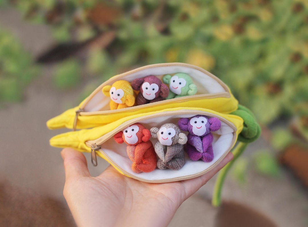 Organic Cotton Stuffed Monkeys in Banana Zip Pouch: Handmade Plush Toy ...