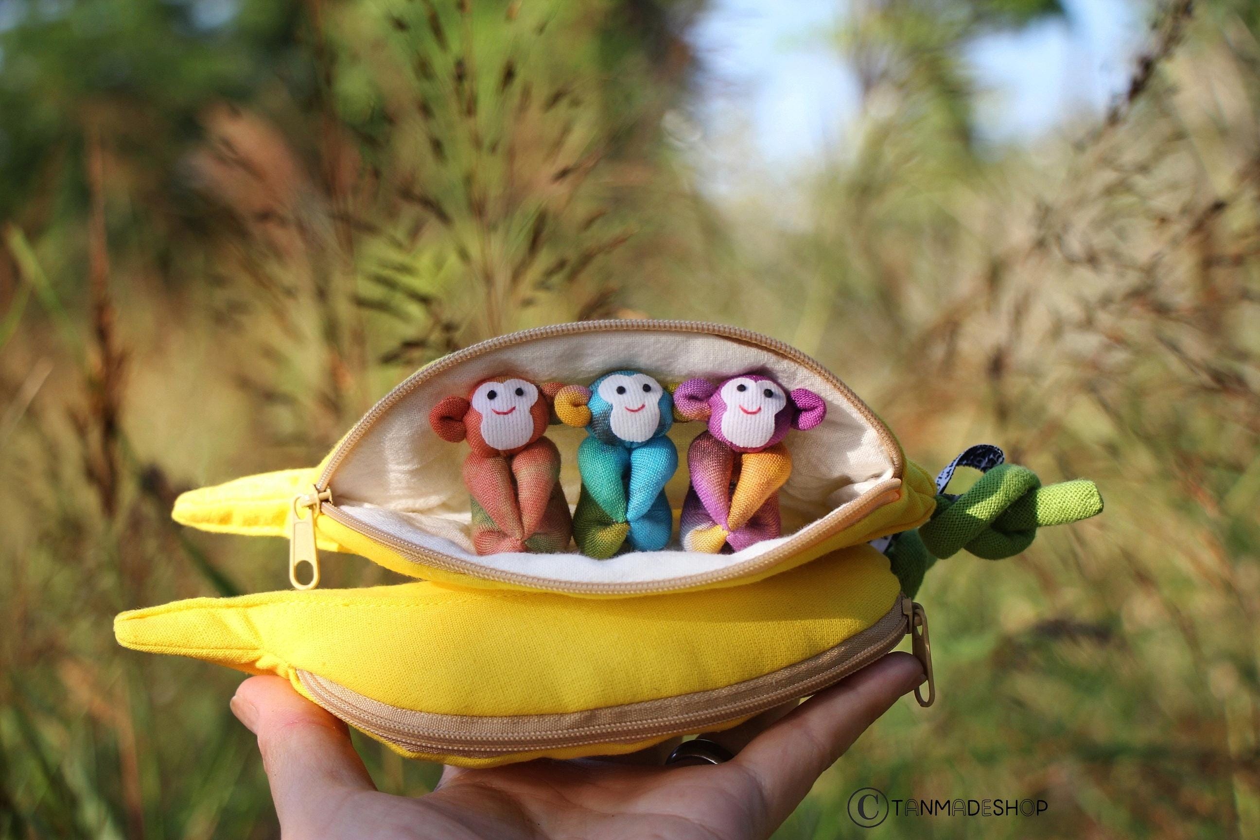 Colorful Batik Stuffed Monkeys in Banana Zip Pouch: Handmade Plush Toy ...