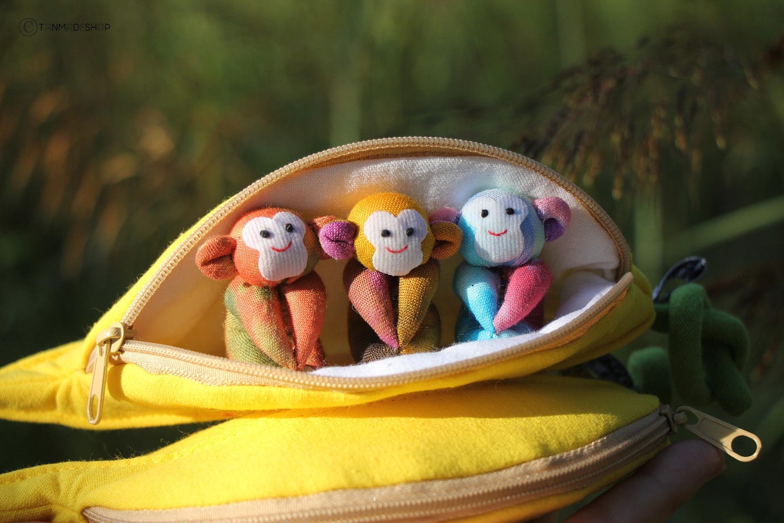 Colorful Batik Stuffed Monkeys in Banana Zip Pouch: Handmade Plush Toy ...