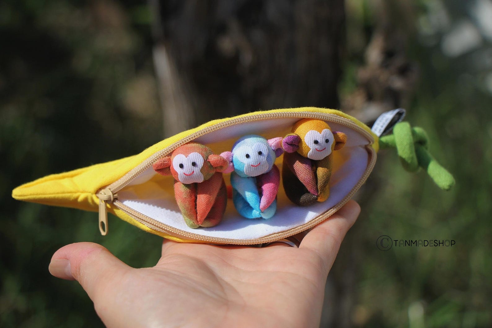 Colorful Batik Stuffed Monkeys in Banana Zip Pouch: Handmade Plush Toy ...