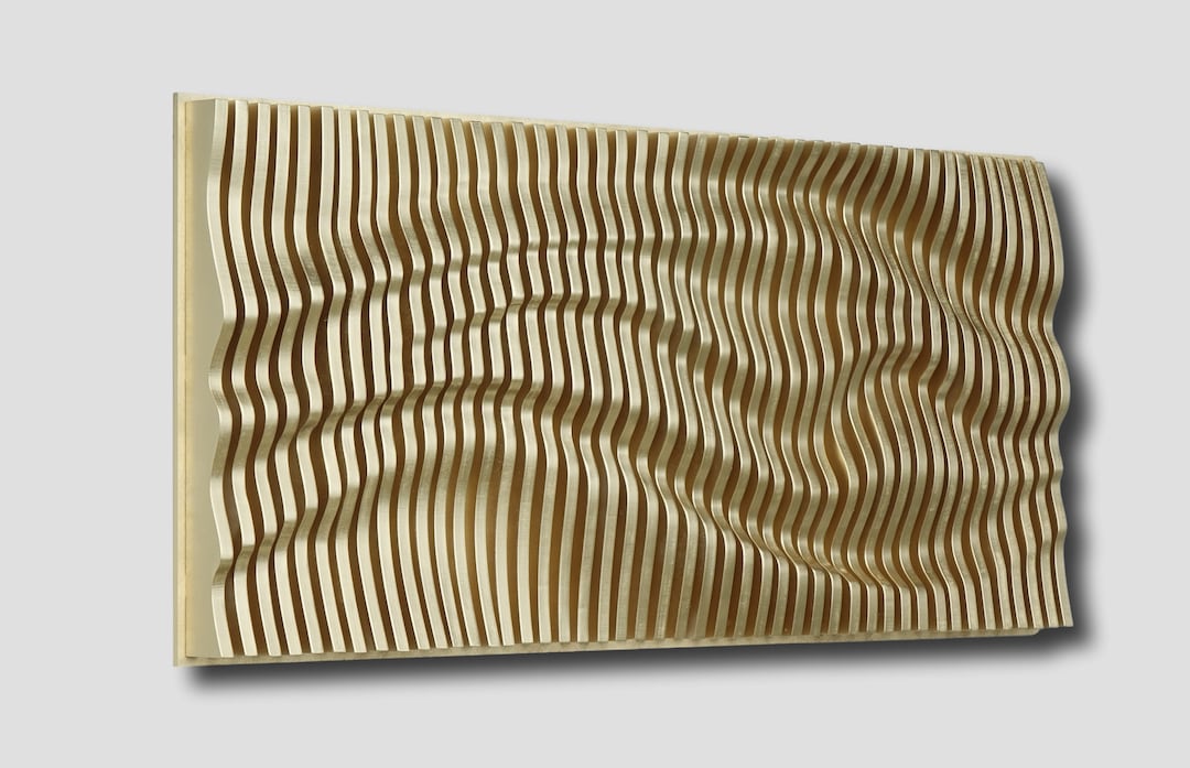 Golden Parametric Wall Art of Wooden Slats, Wood Sound Diffuser, 3d Wavy Wall Sculpture ...