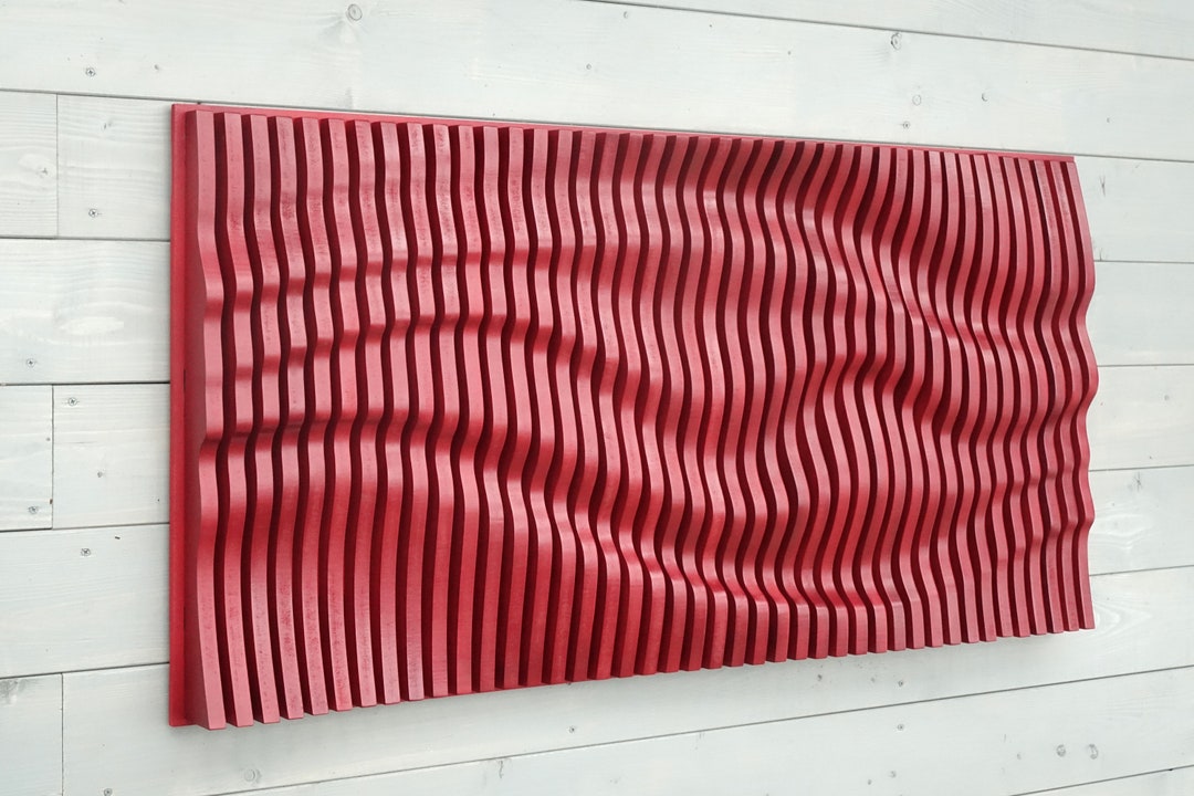 Red Parametric Wall Art of Wooden Slats, Wood Sound Diffuser, 3D Wavy ...