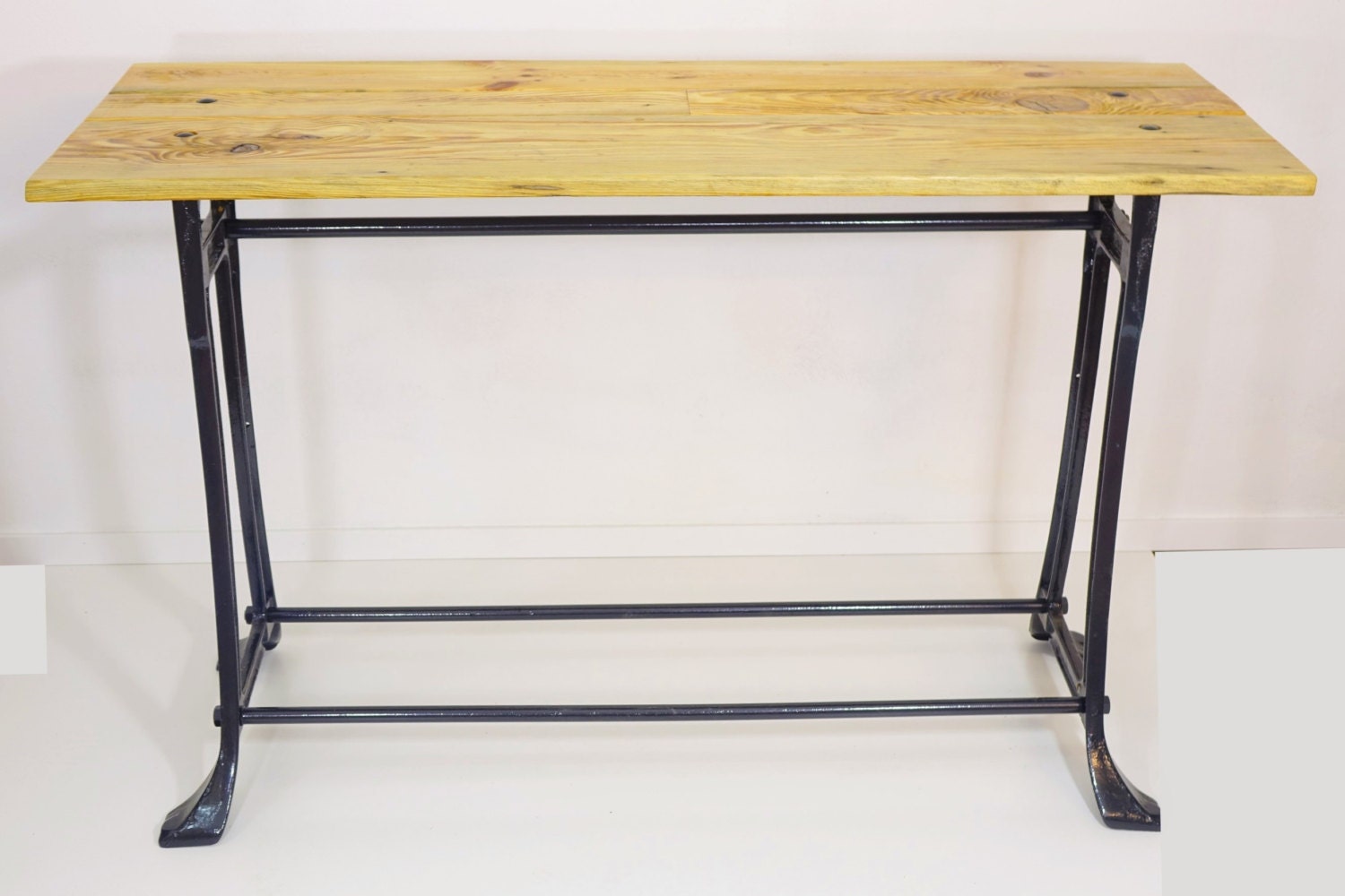 Industrial Desk table of reclaimed wood on metal frame an old knitting ...
