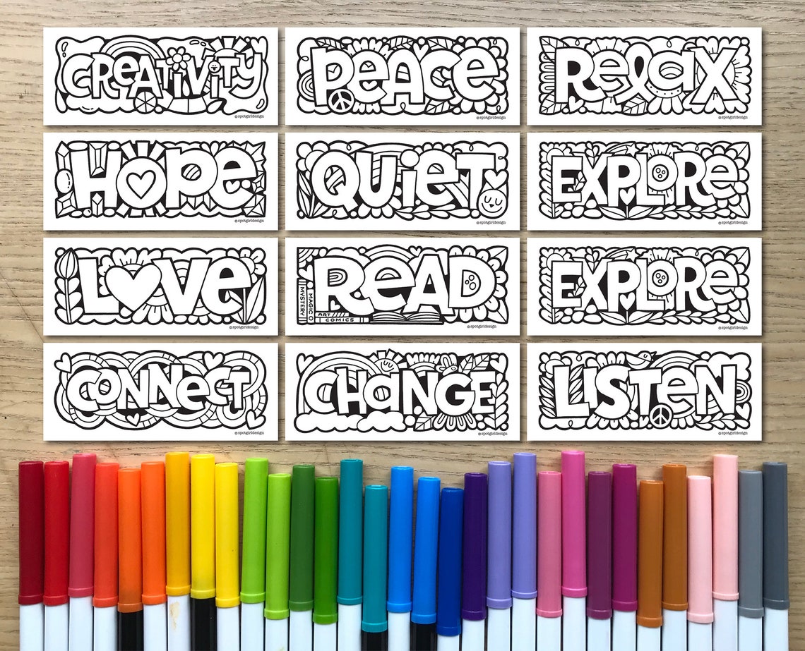 Printable Coloring Bookmarks Inspiring Word Doodle Letters - Etsy