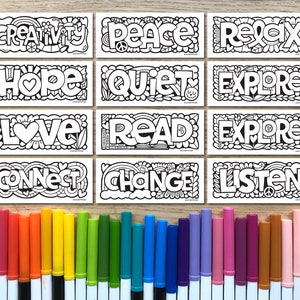 Printable Coloring Bookmarks – Inspiring Doodle Words - Etsy