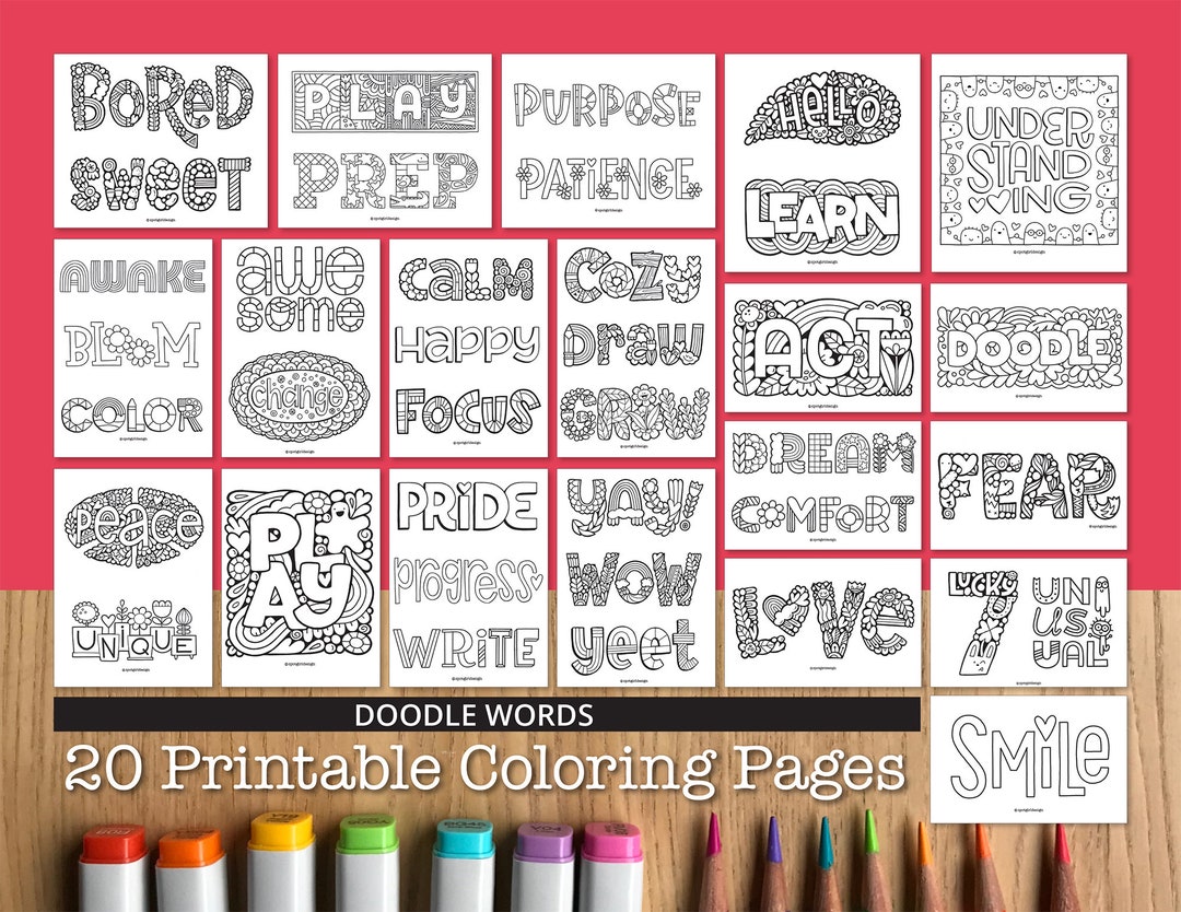 Doodle Words Printable Coloring Pages (20 Pages) - Etsy