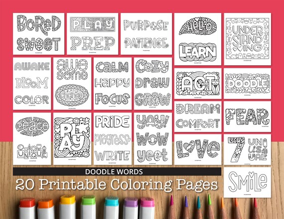 Doodle Words Printable Coloring Pages 20 Pages | Etsy