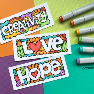 Printable Coloring Bookmarks – Inspiring Doodle Words - Etsy
