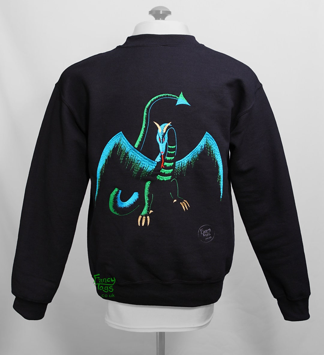 Shadow Dragon Art Embroidery on Back of Black Sweatshirt, Turquoise ...