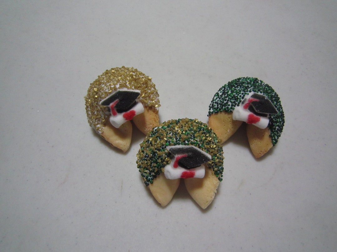 12 GRADUATION Green & Gold Fortune Cookies, Achievement, Cap and Scroll ...