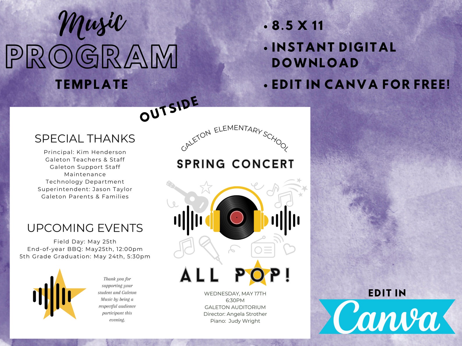Music Program TEMPLATE, Instant Digital Download, Edit in Canva, Choir ...