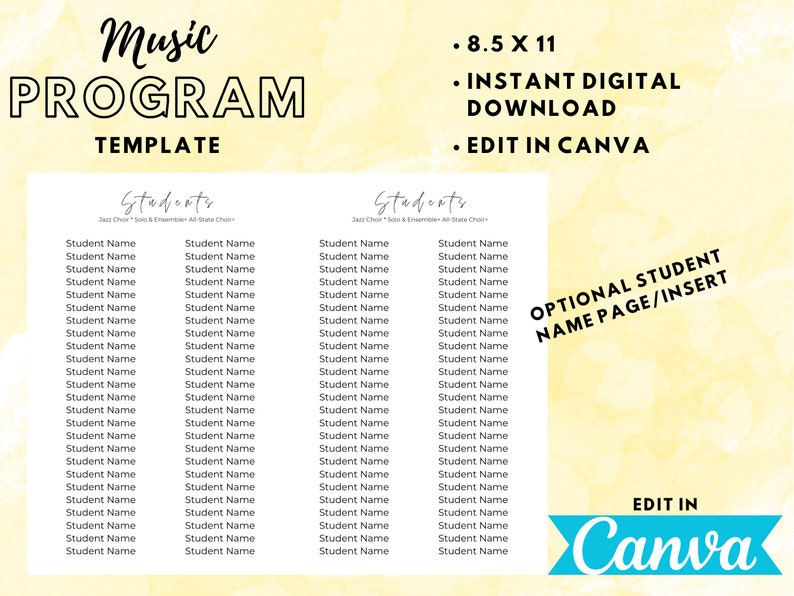 Music Program TEMPLATE, Instant Digital Download, Edit in Canva, Choir ...
